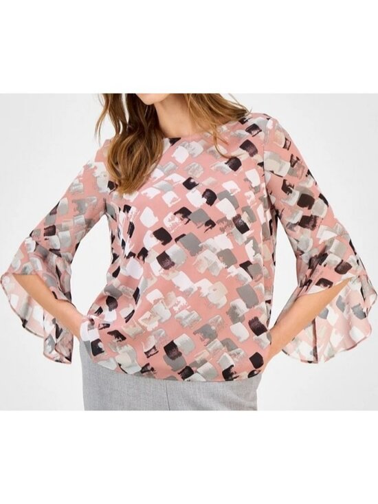 Kasper | Tops | Kasper Tearose Block Print Blouse Ruffle Bell Sleeve ...